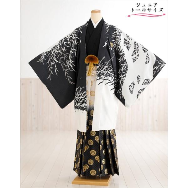 160cm前後対応 小学校卒業式 ジュニア紋付袴レンタル 男 jbmo083-4【フルセット】大きめ12歳前後 小学生 羽織袴 男性着物 貸衣装 kimono イベント 和服 往復送料無料 「modern clasicc」ブランド 白×黒慶...