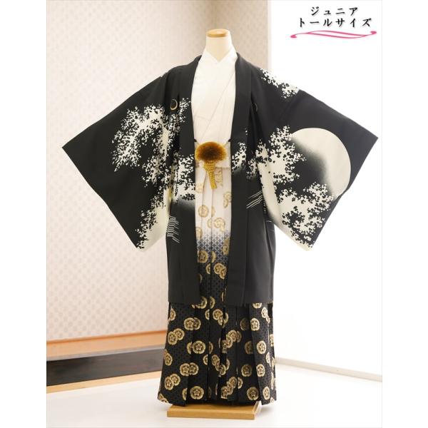 160cm前後対応 小学校卒業式 ジュニア紋付袴レンタル 男 jbmo302-4【フルセット】大きめ12歳前後 小学生 羽織袴 男性着物 貸衣装 kimono イベント 和服 往復送料無料 「modern clasicc」ブランド 黒×白慶...
