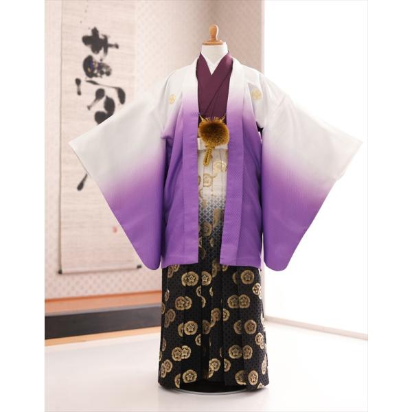 卒業式 袴レンタル 小学校 男 ジュニア jmo095 小学生 紋付袴レンタル フルセット 羽織袴 袴 男性着物レンタル １２歳 十三参り 小学校卒業式 結婚式 145cm〜155cm イベント 和服 往復送料無料 白×紫ぼかしに黒金亀甲袴...