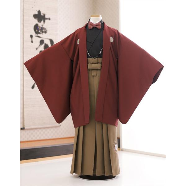 小学校卒業式 男 袴レンタル 小学生 jmo128 ジュニア着物 紋付袴レンタル 紋付きフルセット 羽織袴 袴 男性着物 １２歳前後 十三参り 結婚式 おしゃれ かっこいい イベント 和服 往復送料無料 ワインレッド×モダンブラウン袴×2w...