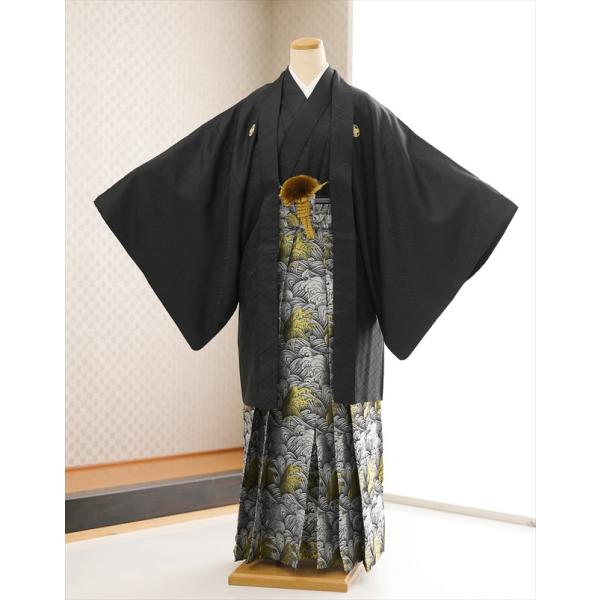 卒業式 結婚式 紋付袴レンタル mo245 フルセット 羽織袴 メンズ 着物レンタル かっこいい おしゃれ モダン 袴レンタル 男性着物 貸衣装 kimono 二次会 前撮り イベント 和服 往復送料無料「黒地にスタイルモダングレー袴」【サ...