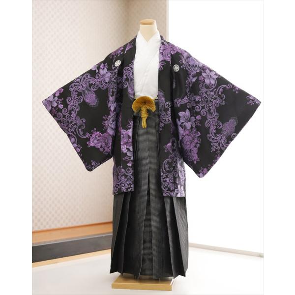 成人式　袴レンタル　男　紋付レンタル mo250s 「黒紫スタリッシュモダンアート」 紋付袴フルセット 羽織袴レンタル 着物レンタル 袴レンタル 男性着物 成人式レンタル 二十歳 正月 貸衣装 和服 20 メンズ 2026 kimono 人...