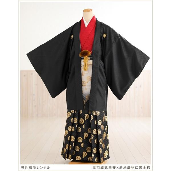 卒業式 袴レンタル 男 紋付袴レンタル　白羽織武田菱×赤地着物に黒金袴 mo803-4 フルセット 羽織袴 着物レンタル 男性着物 貸衣装 kimono 結婚式 二次会 前撮り イベント 和服 Ｍサイズ 往復送料無料【サイズ】身長…156c...