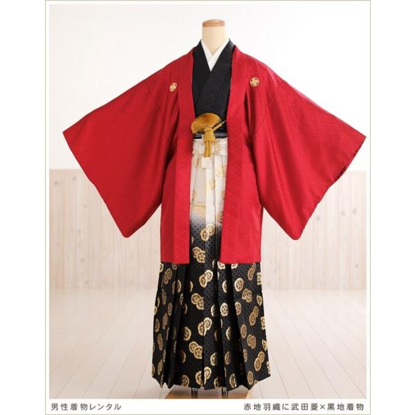 卒業式 結婚式 紋付袴レンタル 黒羽織武田菱×赤地着物に黒金袴 mo804 フルセット 羽織袴 メンズ 着物レンタル かっこいい おしゃれ モダン 袴レンタル 男性着物 貸衣装 kimono 二次会 前撮り イベント 和服 往復送料無料【サ...