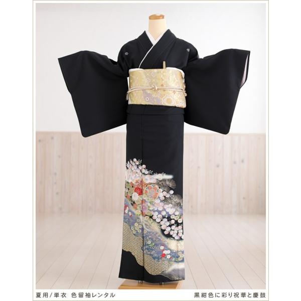 夏用 単衣 色留袖レンタル 黒紺色に彩り祝華と慶鼓 sit131-2【色留袖　フルセット】【レンタル色留袖】華やか/夏用　色留袖/夏/着物レンタル/結婚式/五つ紋/単/貸衣装/式典/親族/母/姉/ママ/若い/人気/留め袖/色留め袖/6月/7...