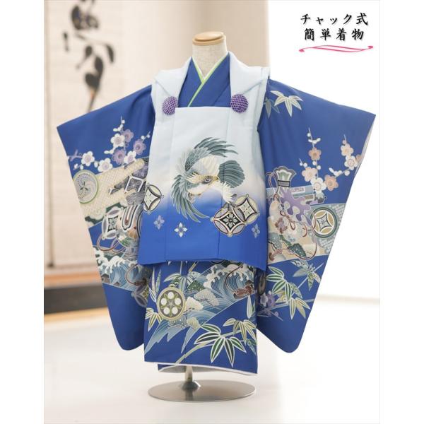 チャックで簡単ワンタッチ着付け ３歳 男の子 被布セット 七五三 着物レンタル zdf016 「陽気な天使」ブランド 青地に吉祥縁起飛翔鷹【サイズ】身長…90cm前後（88cm〜93cm位）【素　材】表地：上質ポリエステル/裏地：ポリエステ...