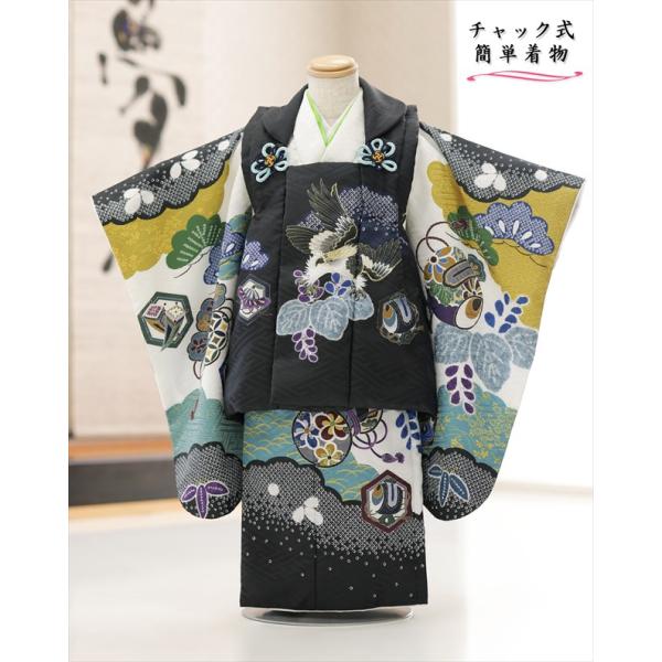 チャック式で簡単ワンタッチ着付け ３歳 男の子 被布セット 七五三 着物レンタル zdf046-3「陽気な天使」ブランド 白地に黒疋田吉祥飛翔鷹【サイズ】身長…95cm前後（93cm〜98cm位）【素　材】表地：上質ポリエステル/裏地：ポリ...