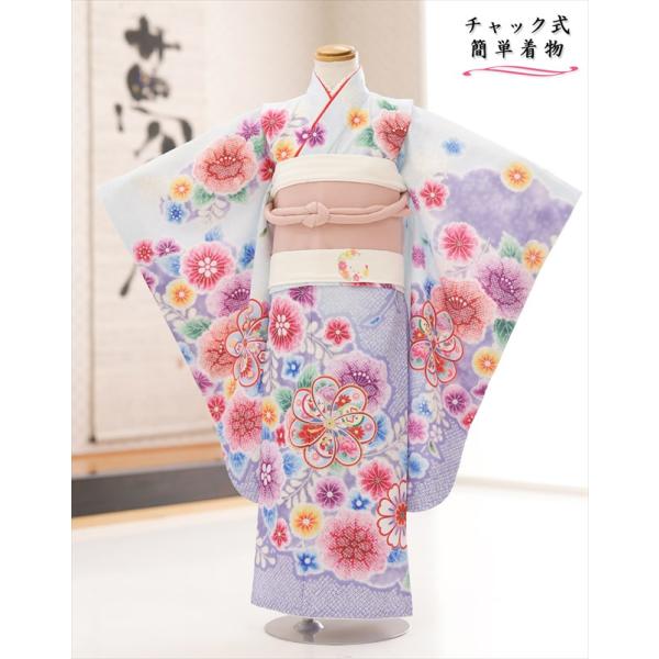 小さめ7歳 女の子 七五三 感動楽チャック着物 zj5006「花ひめ」ブランド 水色×紫に慶彩吉祥華【身長】身長…106cm〜113cm位【素　材】表地：高級ポリエステル/裏地：ポリエステル【レンタル内容】着物（襦袢付）、結び帯、帯揚げ、帯...