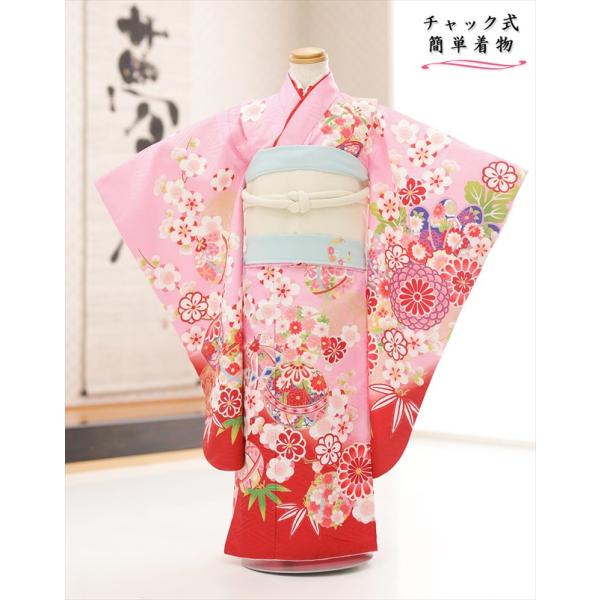 小さめ7歳 女の子 七五三 感動楽チャック着物 zj5007「花ひめ」ブランド 赤×ピンクに慶彩吉祥華【身長】身長…106cm〜113cm位【素　材】表地：高級ポリエステル/裏地：ポリエステル【レンタル内容】着物（襦袢付）、結び帯、帯揚げ、...