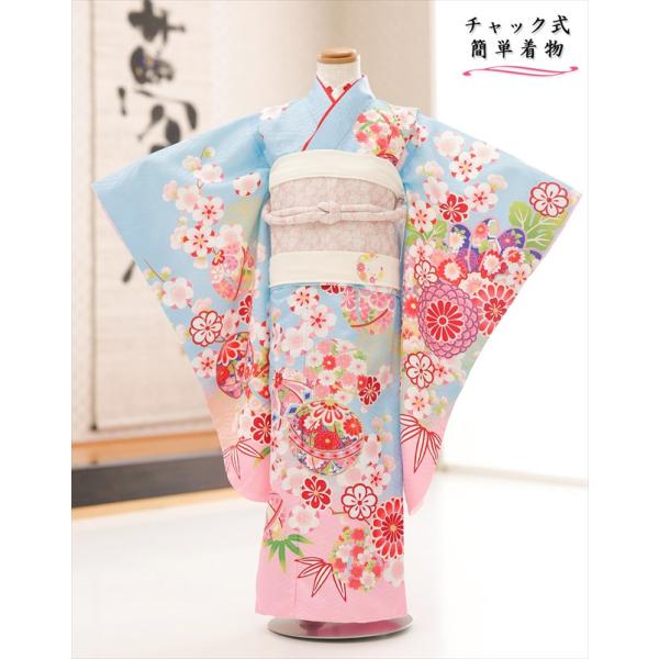 小さめ7歳 女の子 七五三 感動楽チャック着物 zj5008「花ひめ」ブランド 水色ピンクに慶彩吉祥華【身長】身長…106cm〜113cm位【素　材】表地：高級ポリエステル/裏地：ポリエステル【レンタル内容】着物（襦袢付）、結び帯、帯揚げ、...