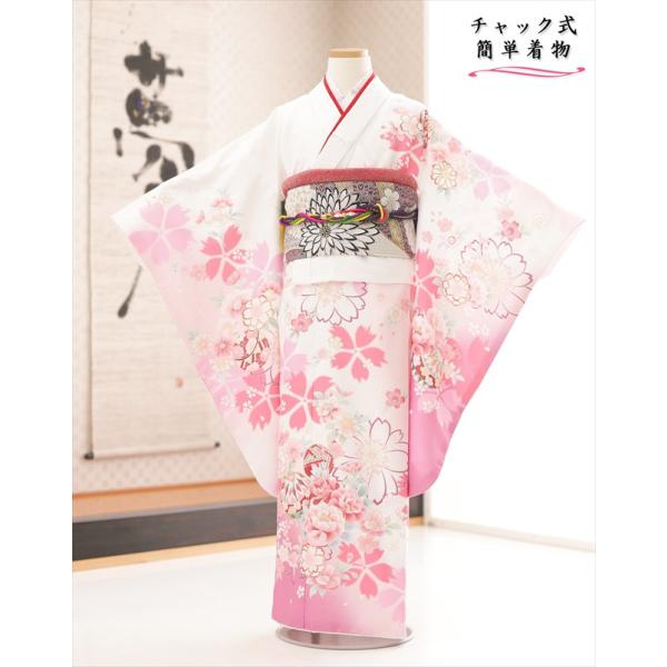 9歳 10歳 11歳 女の子 ハーフ成人式 楽チャック着物 zjk1002 「陽気な天使」ブランド 白×ピンク慶び吉祥彩華【身長】身長…134cm〜144cm位【素　材】表地：高級ポリエステル/裏地：ポリエステル【レンタル内容】着物（襦袢付...