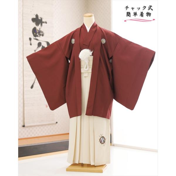 チャックで簡単ワンタッチ着付け 10歳前後 ジュニア 男の子 羽織袴 小学生 着物レンタル zjmo002 子供着物 ワインレッド【サイズ】身長…150cm前後（145cm〜152m位）※ウェストは85cmまで対応【素　材】表地：上質ポリエ...