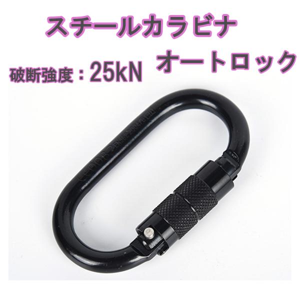 割れにくいスチール素材のオートロック式カラビナです。登山・クライミングのロープワークやスラックラインのバックアップなどに。■製品仕様 素材：スチール重さ：約170gサイズ110mm x 60mm開口：18mm認証：CE0082、EN362-...