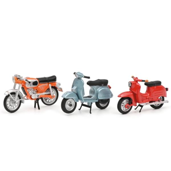 【 Schuco 1:43 SimsonSET 3X SCHWALBE KR51/1 1968 + ZUNDAPP KS50 SUPER SPORT 1950 - PIAGGIO VESPA 150 PX Colour: VARIOUS 】...