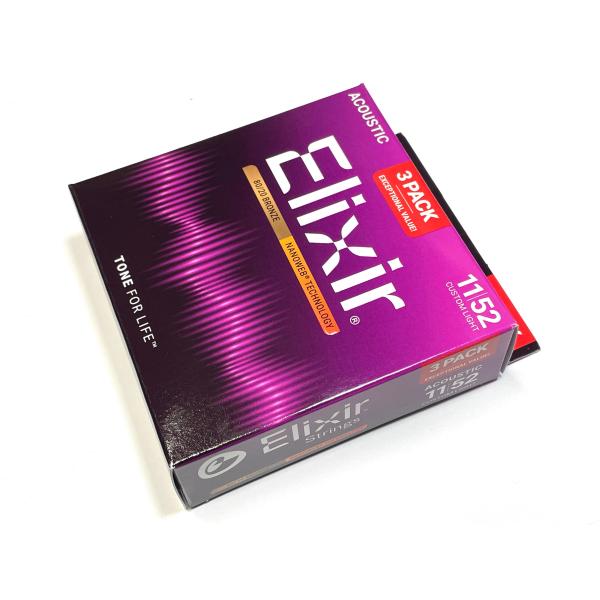 ロングライフコーティングの定番、エリクサー弦です。11/15/22/32/42/52 ゲージ。ナノウェブ技術による極薄コーティングで自然な鳴りを保ちつつ通常の３倍以上長持ちします。超お得な在庫限定３セットパック。メール便配送で送料無料です。...