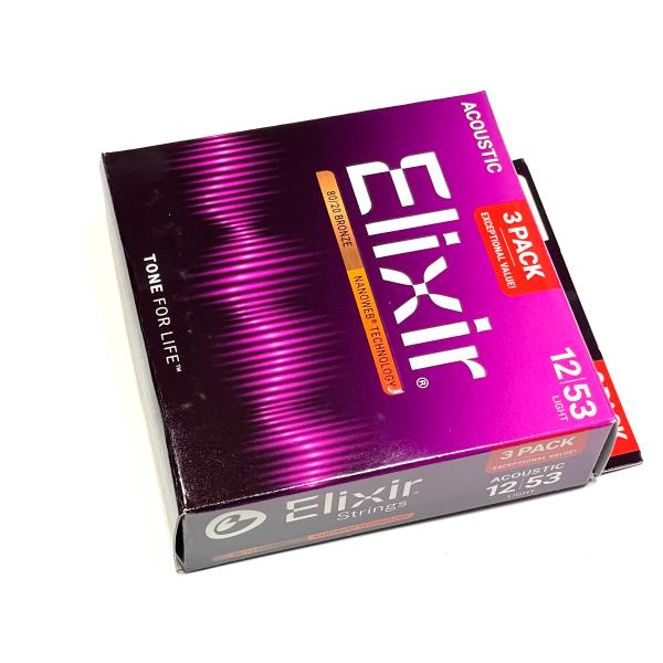 ロングライフコーティングの定番、エリクサー弦です。12/16/24/32/42/53 ゲージ。ナノウェブ技術による極薄コーティングで自然な鳴りを保ちつつ通常の３倍以上長持ちします。超お得な在庫限定３セットパック。メール便配送で送料無料です。...