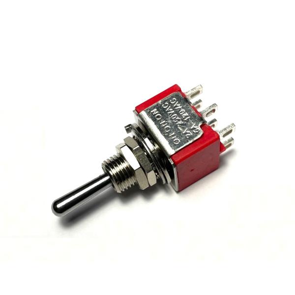 ON-ON-ON ミニトグルスイッチです。ハムバッカーの、ノーマル 、タップ、フェイズ 切り替えスイッチなどに使えます。２ハムギターのピックアップセレクターにも、配線次第で SP3T （１回路３接点）スイッチとしても使えます。ネジ部 : 1...