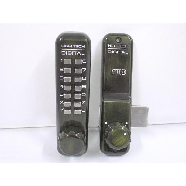 タイコーハイテックデジタルドアロック5100面付錠AB真鍮ブロンズ色　戸厚25-50ミリ対応HSサムターン(取り外し可能サムターン付)高さ165ミリ横幅49ミリです。セットした番号をプッシュするだけでスムーズに開けられます。後付最適タイプ。