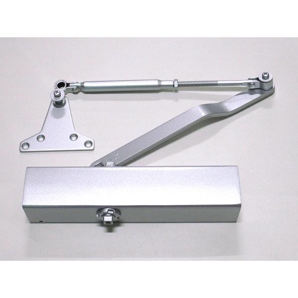 リョービ社製(RYOBI)ドアチェック、ドアクローザー。シルバー色、パラレル取付け(ドアを押す手前にドアクローザーが付くタイプ)、ストップ付、2番タイプ(マンションの鋼製ドア、木製ドア用)。左右勝手兼用タイプになっております。（扉の右側にも...