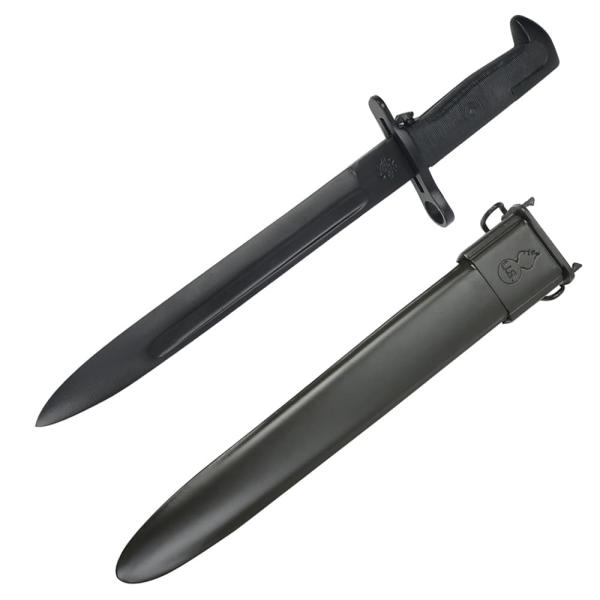 ●M1ガーランドがモデルになった、オールブラックのレプリカ銃剣 ●模造刀の詳細 全長:約36cm、刃渡り:約24cm、刃厚:約5mm、重量:本体：約400g<br>シース：約190g、素材:ブレード:真鍮<br>シー...