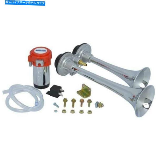 クロームパーツ 直接駆動コンプレッサーが付いているPsychoblasters v2デュアルクロム電気エアホーンキット Psychoblasters V2 Dual Chrome Electric Air Horn Kit With Dir...