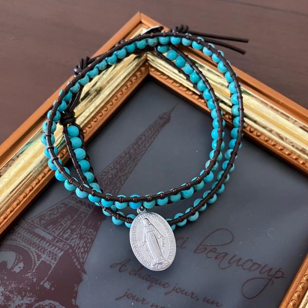 ◇宝石　ターコイズ◇サイズ　全長　約40cm(紐部分含む)2連にした時の内周　約18cmボタンホール　3つフランス パリにある奇跡のメダイユ教会 CHAPELLE NOTRE DAME DE MEDAILLE MIRACULEUSE フラン...