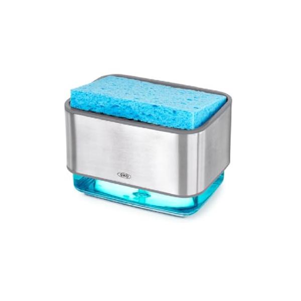 サイズ:縦13.8×横10×高さ8.3cm素材・材質:ステンレススポンジホルダーとソープディスペンサーが一体化ワンプッシュで洗剤をつけることが可能水切りトレイでスポンジの余分な水分をキャッチトレイにたまった水は簡単に捨てられて、いつでも清潔...