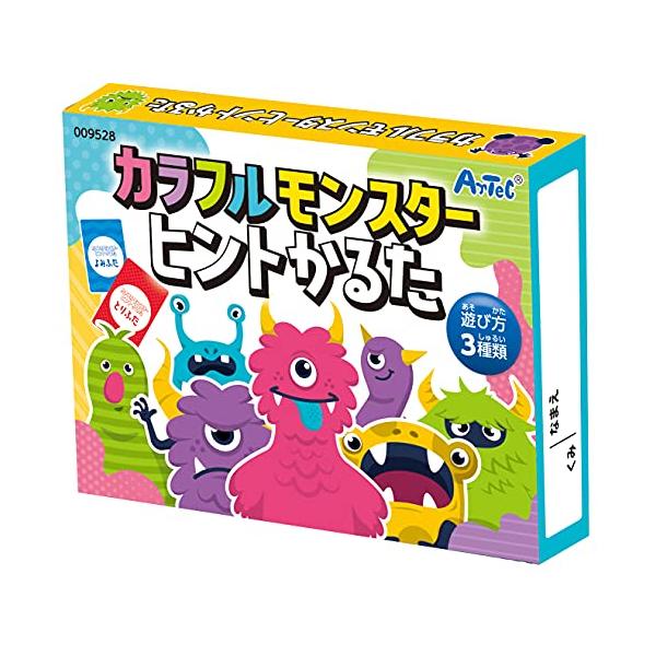 45体の個性的でカラフルなモンスターが登場！色や形などのヒントをもとに、モンスターを探してゲットしよう！誰が一番ゲットできるかな？?ヒントかるた ?絵合わせゲーム ?めくりかるた　3種類の遊びがこれ１つでできます。各種遊び方説明カード2枚が...