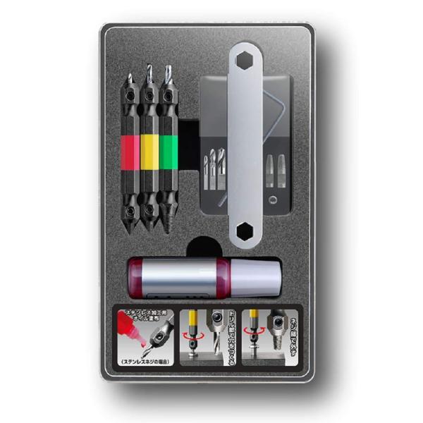 セット内容:M2.5~3ネジ対応ビット、M3.5~5ネジ対応ビット、M6~8ネジ対応ビット、ステンレス加工用オイル、スペアドリル1.5・2・3mm、スペアネジ部品No.1・No.2用、専用レンチ、専用スパナ、固定用ネジサイズ:M2.5~3ネ...