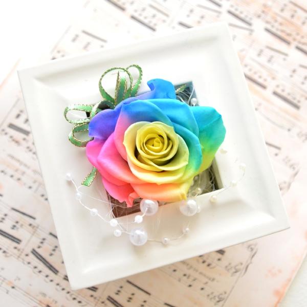 枯れない花、プリザーブドフラワーのレインボーローズ。立てかけても、壁にかけても飾れる2WAYミニフレームアレンジ。 専用クリアケース入り。メッセージカード無料！思わず見入ってしまうレインボーローズのプリザーブドフラワー。珍しい七色のバラは贈...