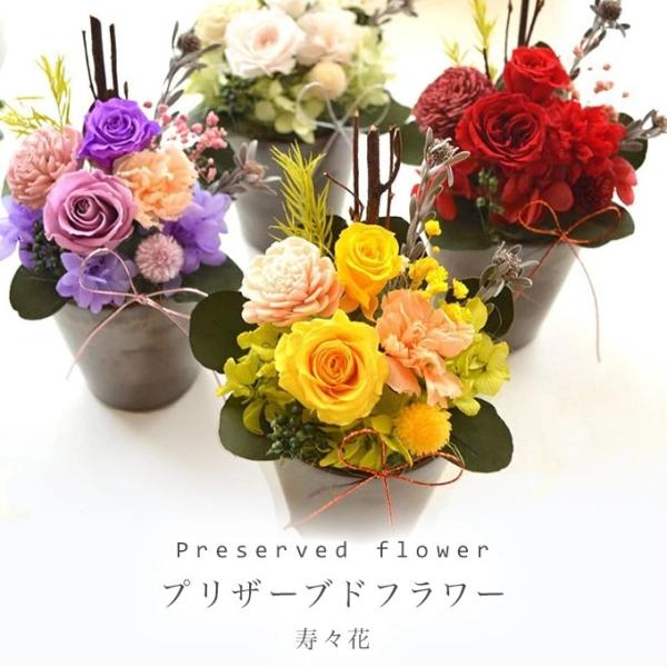 枯れない花、プリザーブドフラワーの和風モダンなアレンジ。長寿のお祝いや誕生日にお勧め。 クリアケース入りで、ケースにリボンをかけた状態でお届けします。 ブラウンの味わいのある和モダンな陶器の花器を使用しています。・メッセージカード無料！・サ...