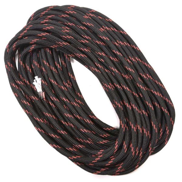 ●着火剤にもなる赤い模様入りのブラックベースのパラシュートコード●Live Fire Gear LLC(ライブファイヤーギア)のパラコード 550ファイアーコード。黒色ベースに赤色の線状の模様が入ったシンレッドラインという柄がデザインされて...