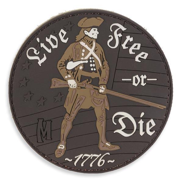 ●マイコレクションのワンポイントに脱着が容易なベルクロパッチ●裏面がベルクロオスになって脱着が容易になマックスペディションのパッチ ライブ フリー オア ダイ。銃を持った兵士と、「Live Free or Die 1776」の字が凹凸のある...