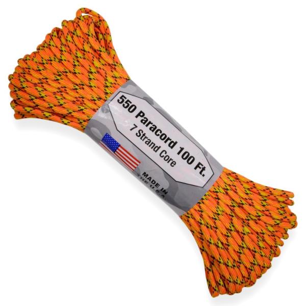 ●鮮やかなイエローとオレンジが映えるパラコード●ATWOOD ROPE(アトウッドロープ)社製の、蛍光オレンジとイエローをベースにブラックを編み込んだ、Atomic(アトミック)デザインの550パラコードです。米国の引張強度テストで550ポ...