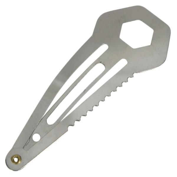 ●いざという時のための女性向けマルチツール●ヘアピン型の多機能ツール。普段は髪留めとして使い、いざという時に工具として活躍します。ヘアピンの形状に5つの機能を搭載(8mmレンチ、マイナスドライバー、定規、ノコギリ、カッター(トロリーコイン)...