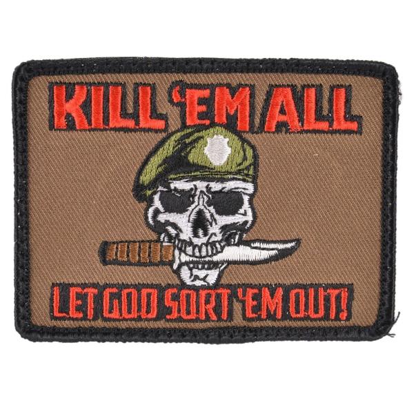 ●ナイフとスカル（ドクロ）がデザインされたミリタリーワッペンです。赤で「Kill Em All」の文字が特徴的。裏面はベルクロのオスがついており、簡単に取り付けることができ、付け外しも簡単に行えます。●ミリタリーワッペンの詳細 サイズ:約6...