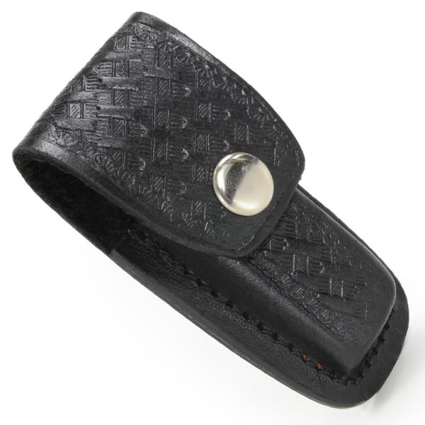 ●「ナイフポーチ 革製 SH200 バスケットウェイブ ブラック」●籠網模様を型押し加工の革製ナイフポーチです。フラップの固定はドットボタン式、裏面にベルトに固定するためのスリット入り。●革製ナイフポーチの詳細 サイズ[内寸]:約75mmx...