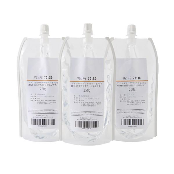 ファンタジーグリセリン(VG)とプロピレングリコール(PG)を70:30でミックスした製品です。容量は、250g×3個、750gです。安心の国内製造品で、潤滑剤や化粧水などの手作り化粧品にもご利用頂けます。使用しているグリセリン(VG)は、...
