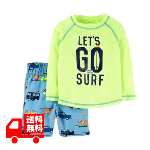 大人気のcarter's　ボーイズ　水着　アメリカからのインポートサーフボードとピックアップトラックがモチーフラッシュガードとパンツがセットになったオシャレなセットアップ♪セット価格でお得です！！海やプールで子どもたちは楽しくて時間を忘れて...