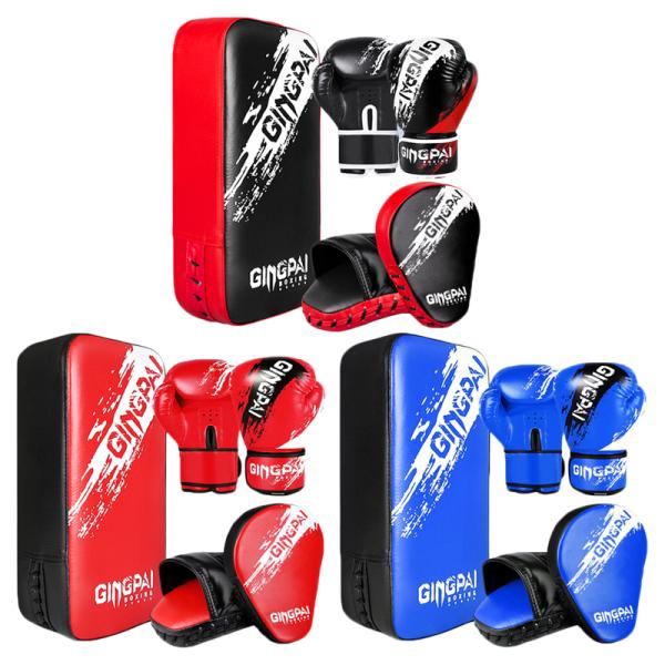 品番：gtxb32素材：PUレザー/EVAカラー：ブラック、レッド、ブルーグローブサイズ： 6oz  10ozセット内容：ボクシンググローブ1組、パンチングミット2個、キックミット1個手の平の部分指のすぐ下辺りに入っている握り棒にこだわって...
