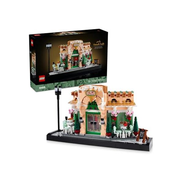 フレンチカフェ/10362・コレクターズアイテム ? フランスのカフェの魅力と雰囲気に包まれる組み立てセット・セットの内容 ? 風情ある店先のファサードや吊り鉢、テラス席を備えたフレンチカフェの組み立てに必要なパーツと、食品や食器類の各種ア...