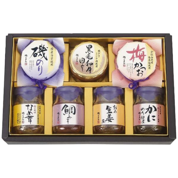 パッケージ個数:1・（磯のり・黒毛和牛肉みそ・梅かつお・刻み生姜煮・かにのり佃煮）各90g・柚子風味なめ茸85g・鯛みそ100g 乳成分・小麦・かに