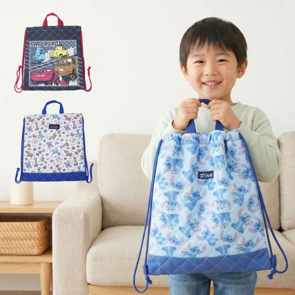 【商品詳細】  子供の幼稚園・保育園・小学校の入園入学準備に！男の子に人気のディズニー キャラクター　カーズ /トイストーリー /スティッチキッズの通園バッグに重宝するキルティングバッグ着替えやパジャマ、体操服入れなどいろいろ使える便利なナ...