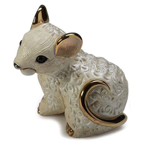 白いネズミ子供 (F423W)ゴールドをあしらい豪華な仕上がりです 。【サイズ】たて7.0×よこ4.5×高さ7.5（cm）【素材】陶器(微粒子粘土)【原産国】ウルグアイ※作品はすべて手作りにつき画像と現物のサイズ・細部の作りや色合いは微妙に...