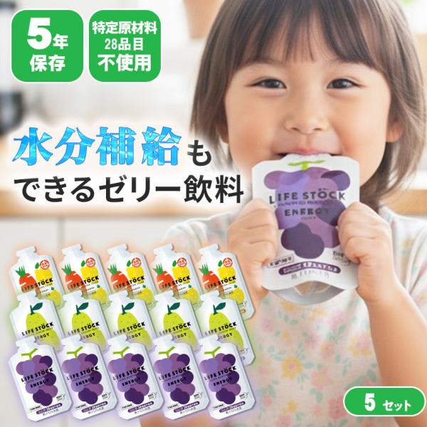 5セット(計15個)の賞味期限は2031年05月までのものになります。                      被災地から生まれた備蓄食、ゼリータイプの非常食「LIFESTOCK(ライフストック)」。水や電気なしで、すぐに、のどが渇かず美...