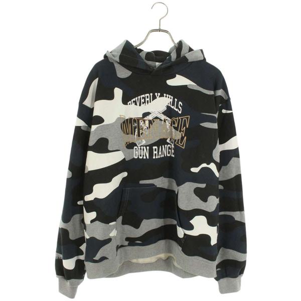 ブランド：メナス/MENACE商品名： BEVERLY HILLS GUN RANGE HOODIE カレッジロゴプリントカモ柄プルオーバーパーカーサイズ：M状態ランク：Bカラー：ネイビー×グレー×ブラック