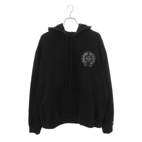 ブランド：クロムハーツ/Chrome Hearts商品名： WWW.CHROMEHEARTS.COM HOODIE グリッターホースシューバックプリントプルオーバーパーカーサイズ：L状態ランク：Bカラー：ブラック×シルバー