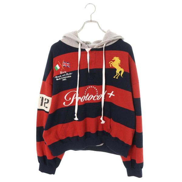 ブランド：プロトコルインデックス/Protocol Index商品名： 25AW  STRIPE POLO HOODIE ストライプポロフーディーパーカーサイズ：1状態ランク：Bカラー：レッド調