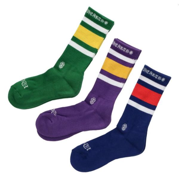 ブランド：クロムハーツ/Chrome Hearts商品名： SOCKS CH STRIPES 3PK ストライプ柄ソックス靴下サイズ：M状態ランク：Sカラー：グリーン×パープル×ブルー