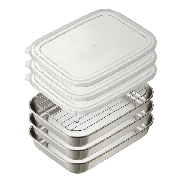 バットとフタが３枚ずつ、アミが１枚の計７点のバットセットです。バットはしっかり作業ができるサイズ。アミをセットすれば揚げ物の油切りとしても使えます。フタ付きなので食材やおかずを保存する際も安心。バット本体はステンレス製で丈夫。におい移り、色...